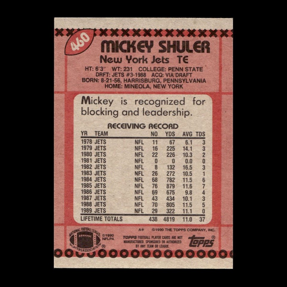 Mickey Shuler 1990 Topps New York Jets #460 R329K 73 | eBay