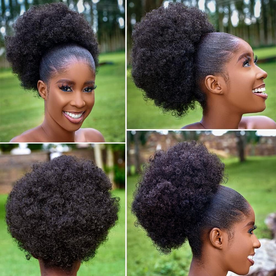 100% Human Hair Afro Puff Drawstring Ponytail Short Curly Afro Bun ...