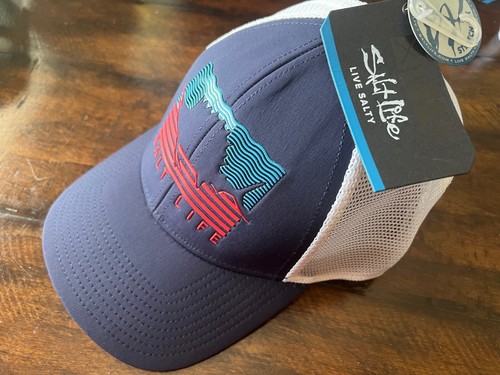 SALT LIFE Hat Cap A-FLEX Navy White Mesh Stretch Fitted Sailfish Marlin ...