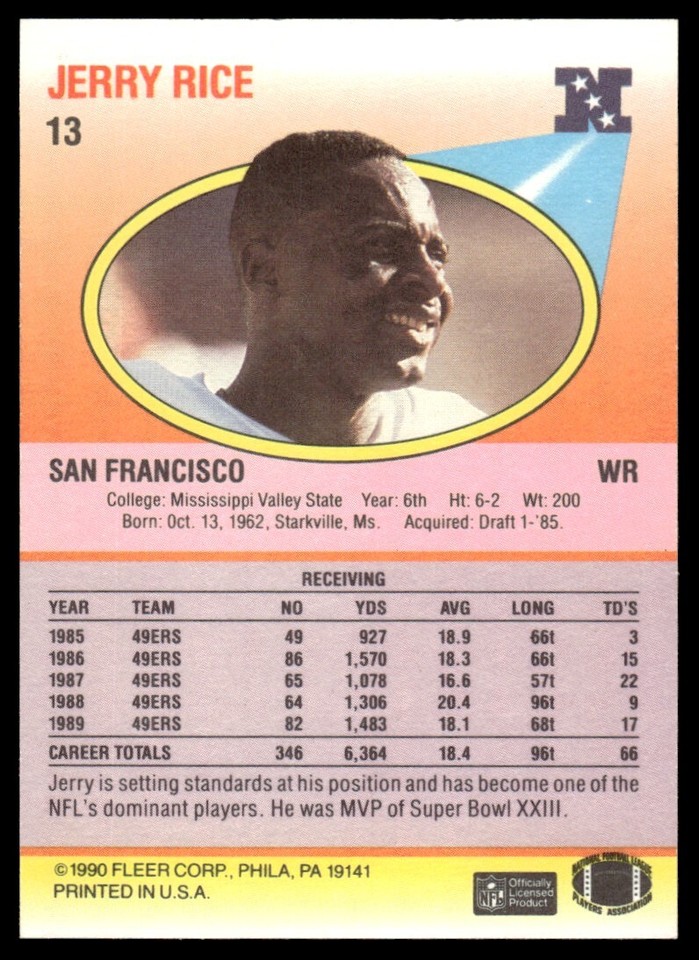 1990 Fleer Football Card Jerry Rice San Francisco 49ers #13 | eBay