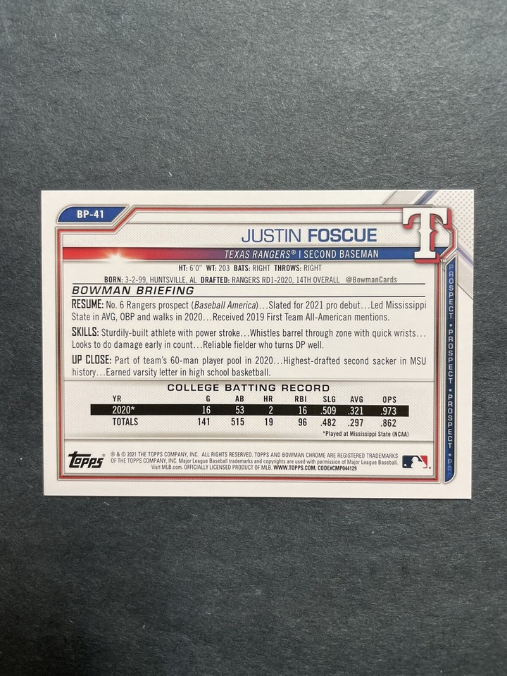 2021 Bowman Baseball Prospects Justin Foscue Texas Rangers Camo ...