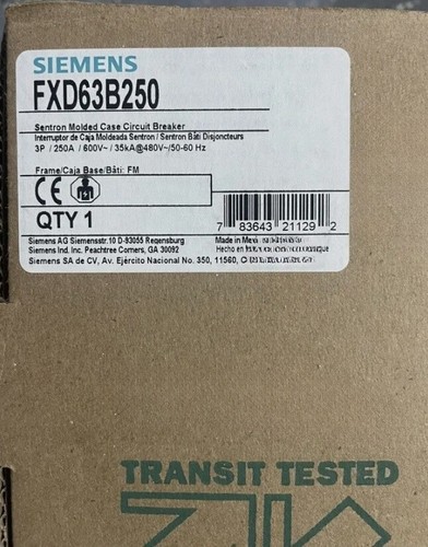 NEW Siemens FXD63B250 3p 600v 250a Sentron Circuit Breaker Free ...