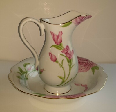 Hand Painted Givenchy Rose Pitcher & Basin/Bowl w/24K Gold trim by ...