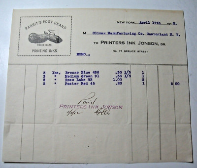 April 17, 1912 Printers Ink Jonson Invoice Sent to Company in ...