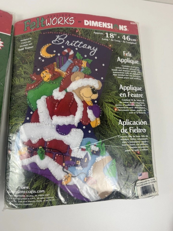 Vintage Felt Works Dimensions Christmas Stocking Santos & Teddy Bear ...