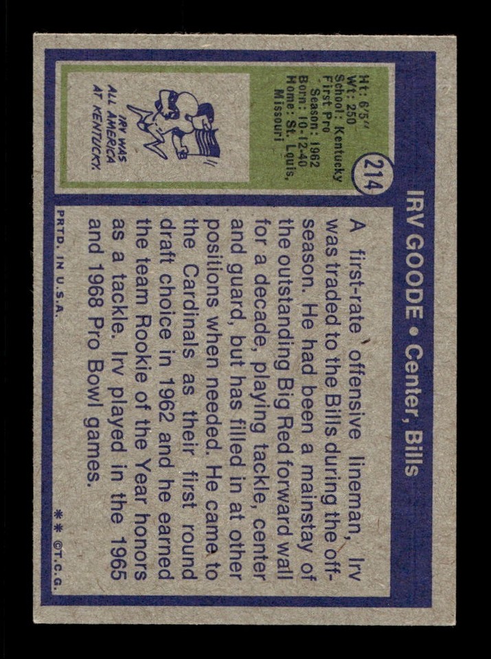 1972 Topps #214 Irv Goode Bills EX-MT+ *e5 | eBay