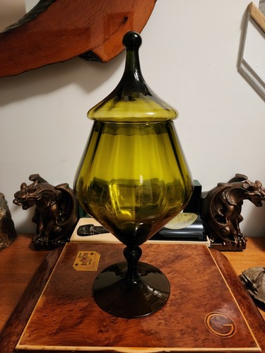 Vintage Art Glass Large Lidded Oliver Green Candy Jar 14 1/4" Tall ...