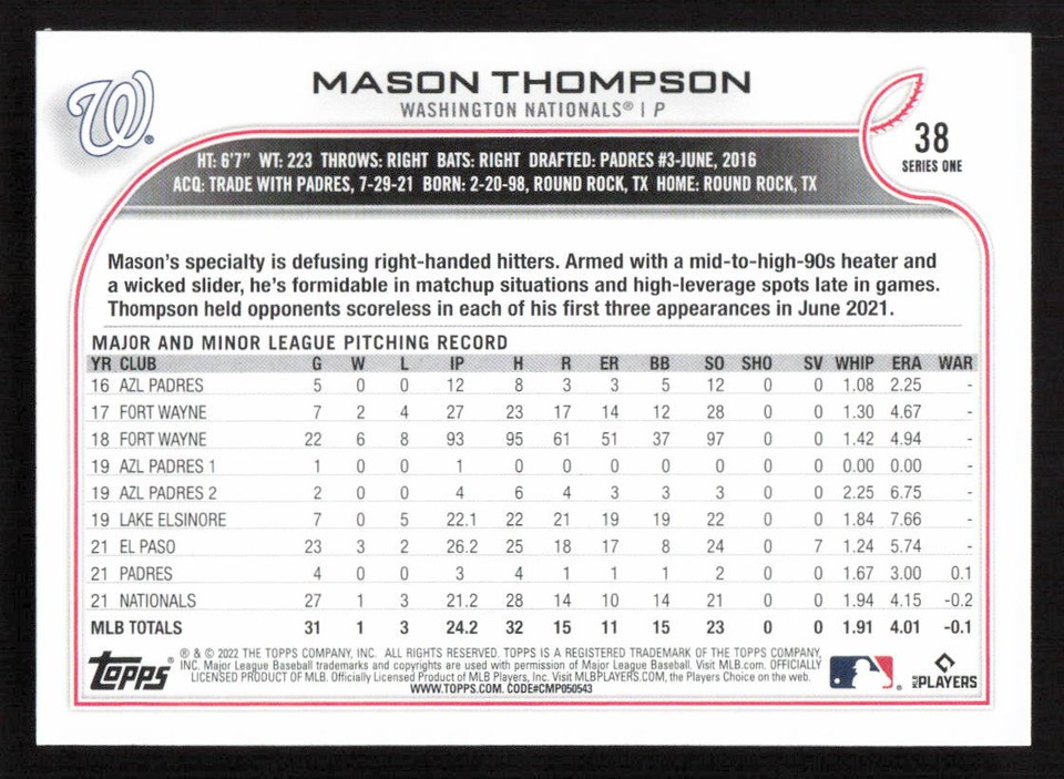 2022 Topps Mason Thompson #38 Baseball Rookie Washington Nationals RC ...