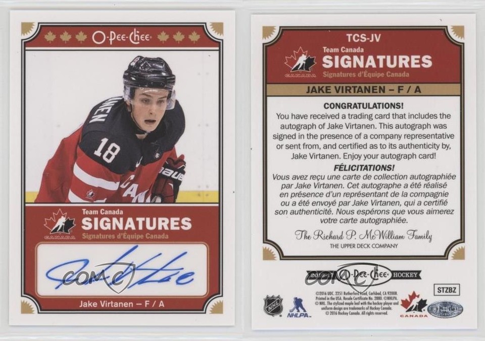 2016-17 O-Pee-Chee Team Canada Signatures Jake Virtanen #TCS-JV Auto ...