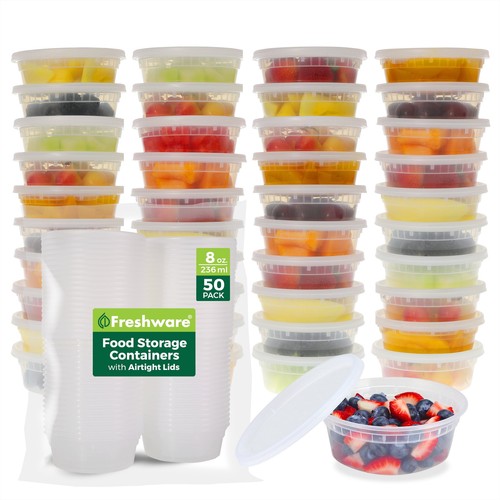 Freshware Plastic Containers with Lids, 8oz, 50-Pack, YH-S8X40 Leak ...