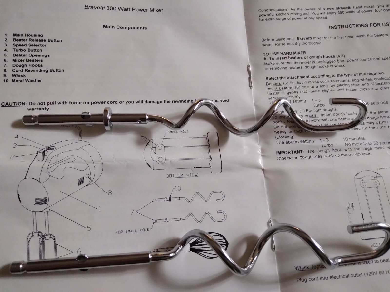 Bravetti 300W Power Mixer Model EP545 replacement part dough hooks ...