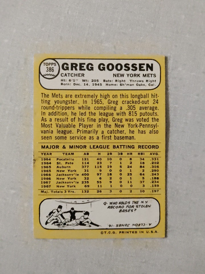 1968 Topps ** Greg Goossen #386 New York Mets Baseball Card ex free ...
