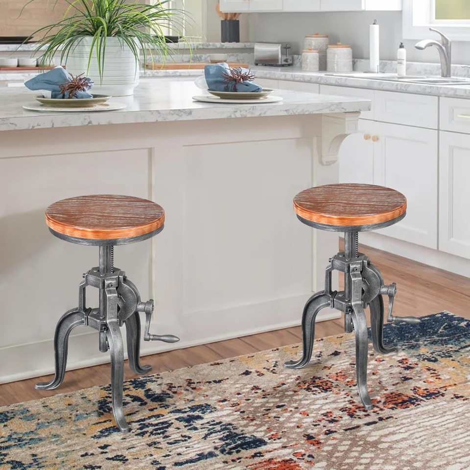 Rustic Industrial Crank Stool - Cast Iron Bar Chair with Wooden Seat ...