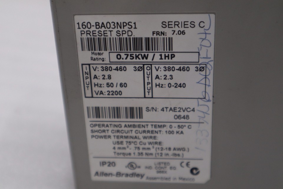 ALLEN BRADLEY 160-BA03NPS1 AC 1HP 380-460V-AC 0-240HZ DRIVE NEVER USED ...