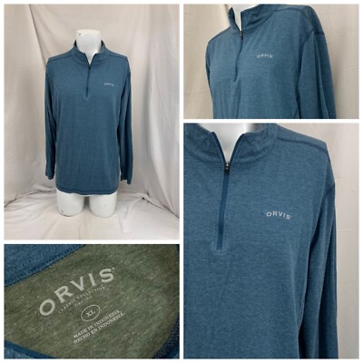 Orvis Pullover XL Men Blue Poly Cotton ¼ Zip Long Sleeve Poly Cotton ...