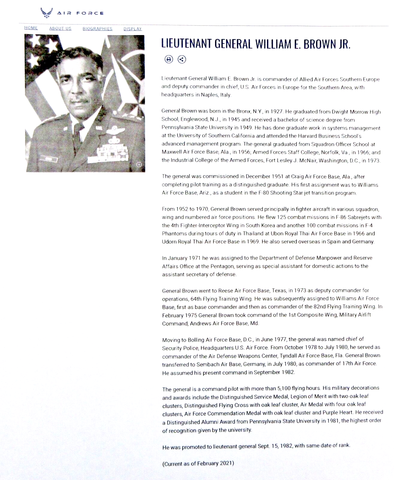 Color Photograph of Lt. General William E. Brown, Jr. USAF | eBay