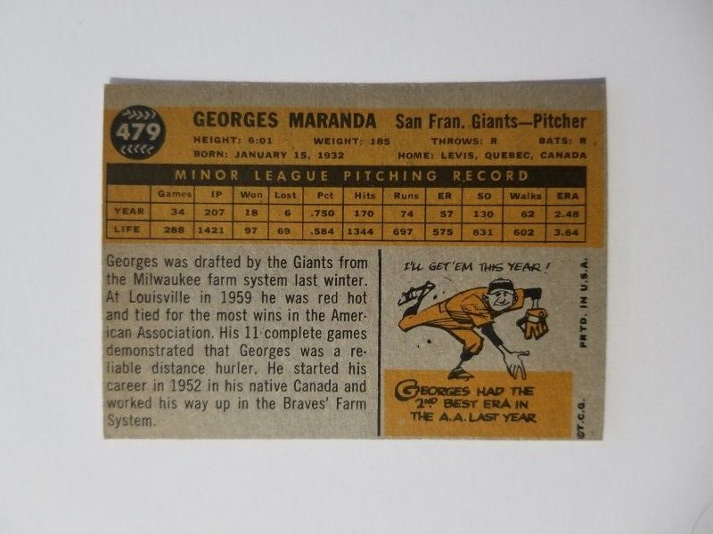 GEORGES MARANDA 1960 TOPPS BASEBALL CARD #479 SAN FRANCISCO GIANTS | eBay