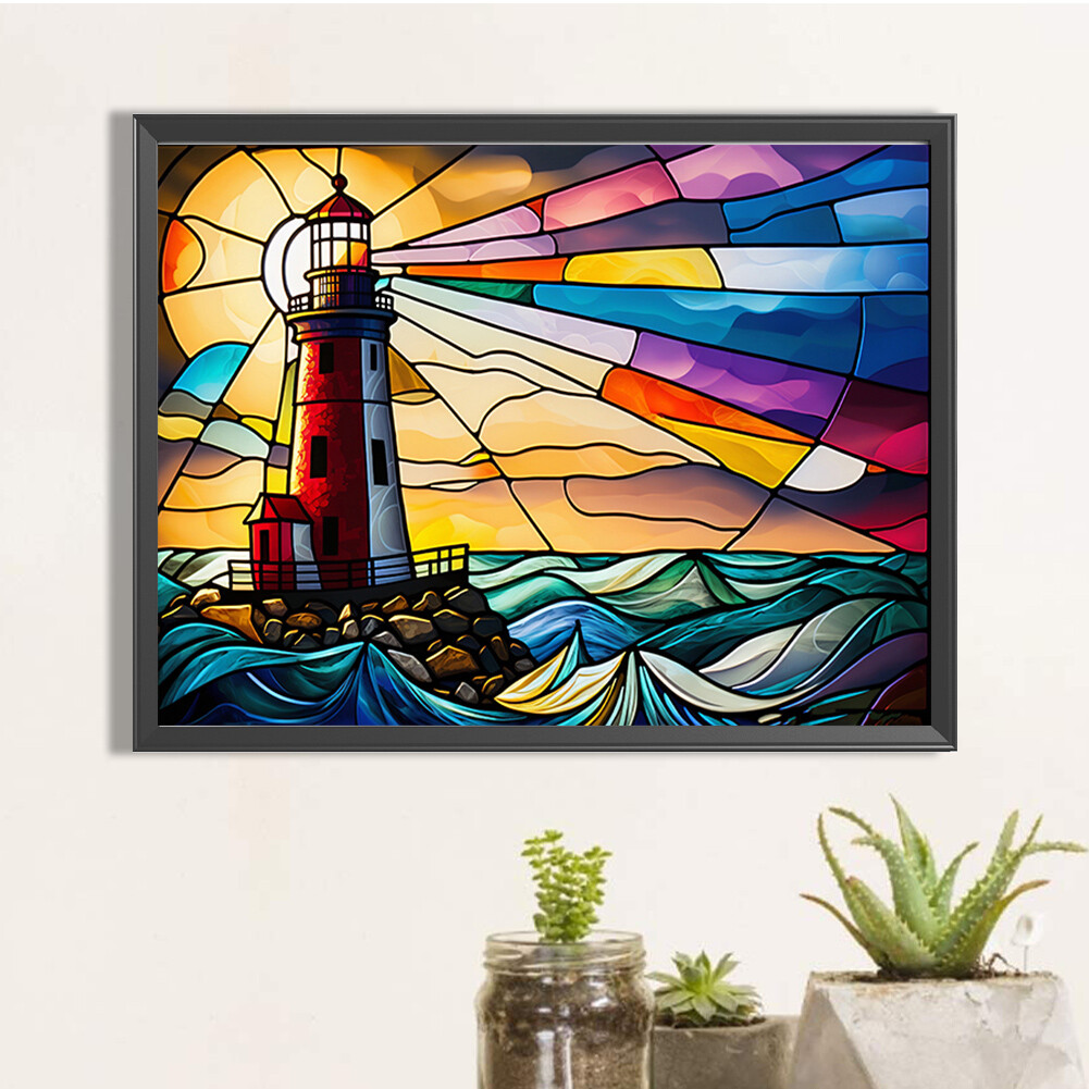 5D DIY Full Round Drill Diamond Painting Stained Glass Lighthouse Decor ...