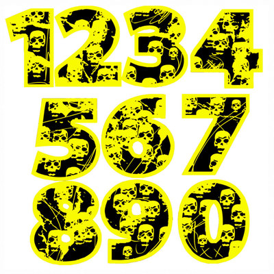 Teschi numeri gara adesivi moto sticker number skull yellow black 2 pz ...
