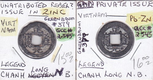 Vietnam/Annam ZINC coin. Legend: CHANH LONG NGUYEN BAO Choose wanted ...