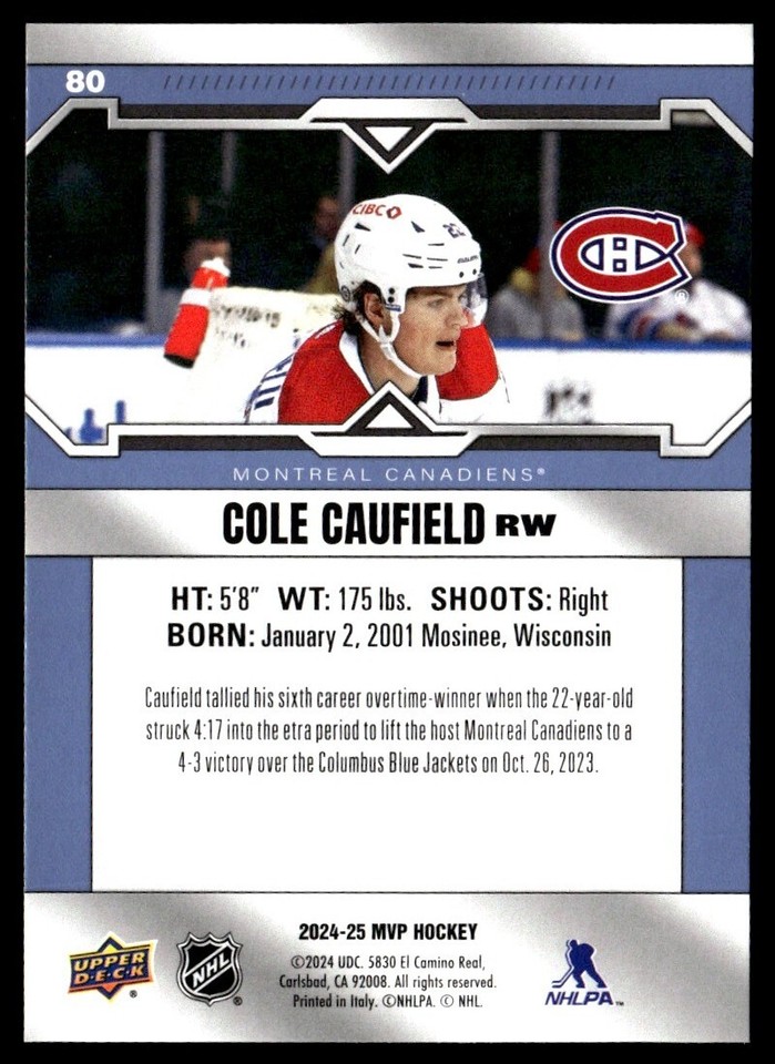 2024-25 Upper Deck MVP Base Cole Caufield Montreal Canadiens #80 | eBay