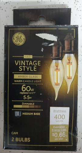 GE LED CAM Vintage Style Warm Candle Light Dimmable, Medium Base, 2 Pk ...