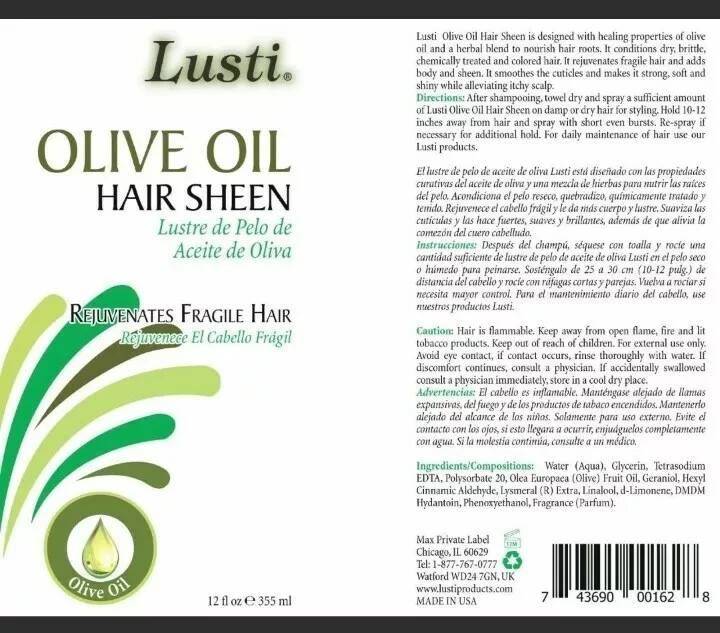 Lusti Olive Oil Hair Sheen 12 fl oz. Rejuvenates Fragile Hair Lot Of 4 ...