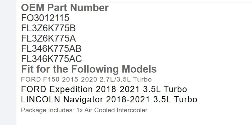 Air Cooled Intercooler Ford F150, Expedition, Lincoln Navigator 2.7L/3 ...