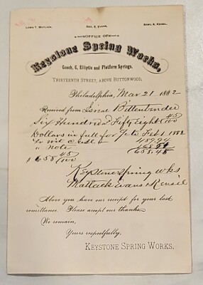1882 Billhead Philadelphia Pennsylvania Keystone Spring Works | eBay
