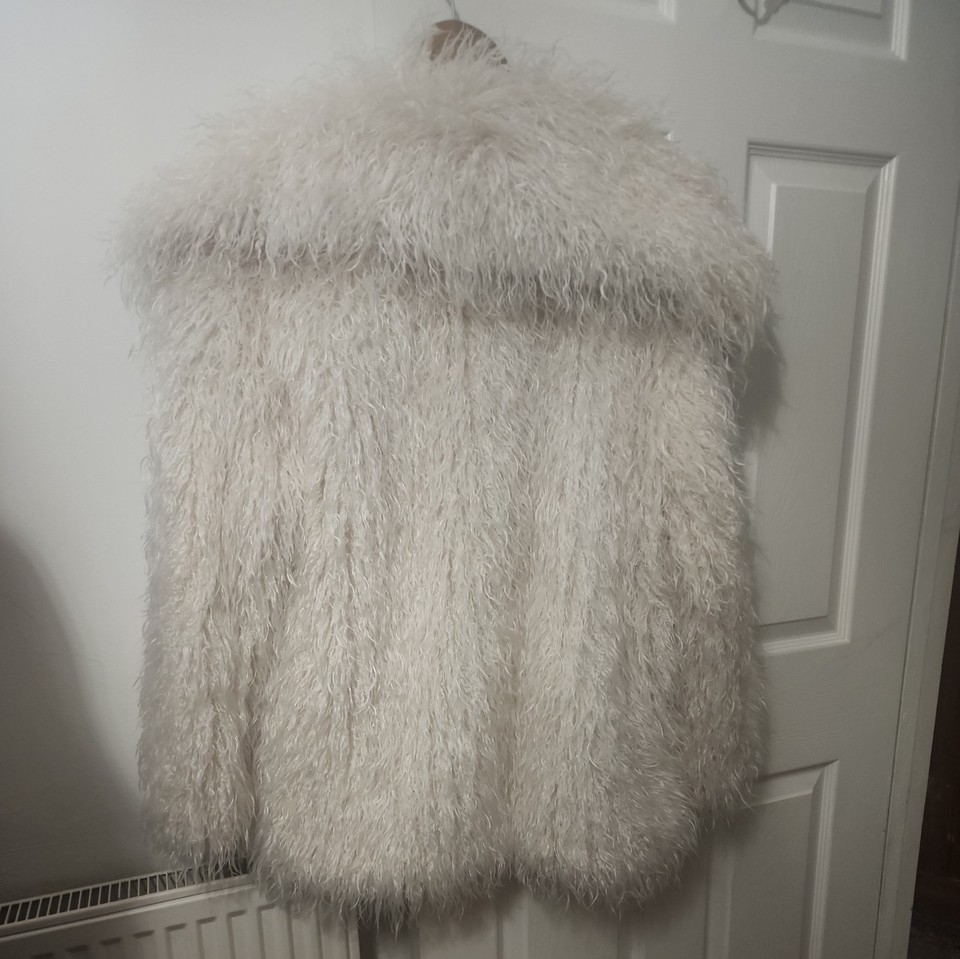 NEW River Island Womens Fluffy Cream Faux Mongolian fur Jacket Size M ...