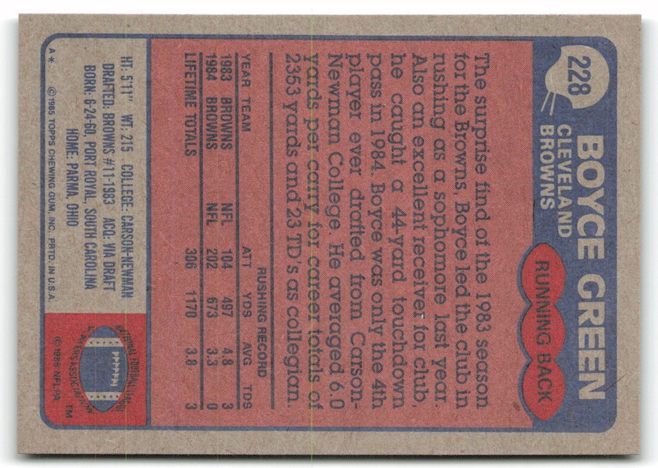 1985 Topps #228 Boyce Green RC, Rookie Card Cleveland Browns 3AR | eBay