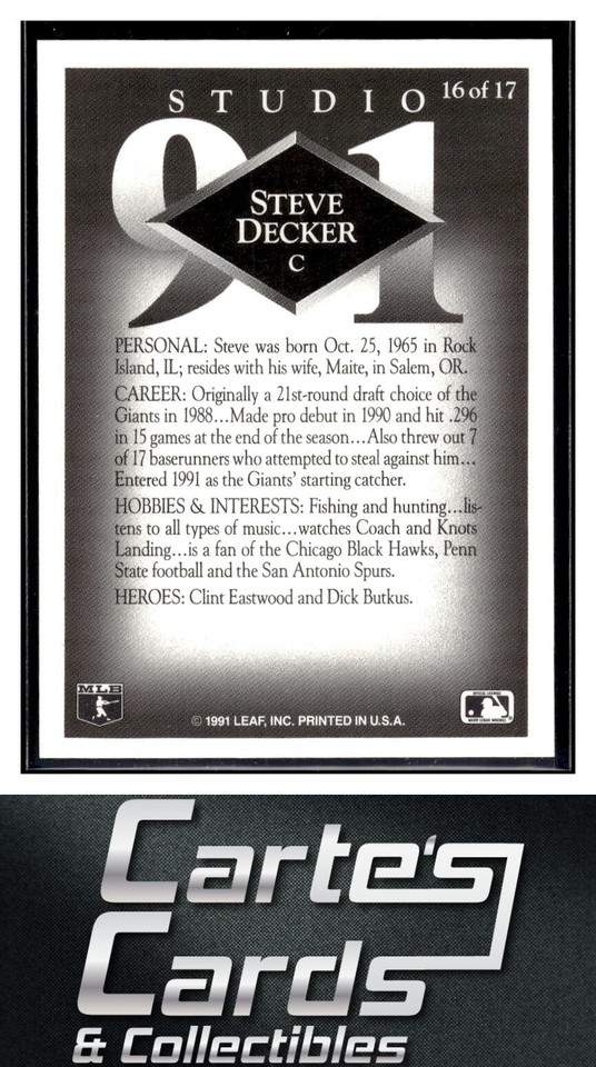 Steve Decker 1991 Donruss Leaf Studio Previews #16 San Francisco Giants ...