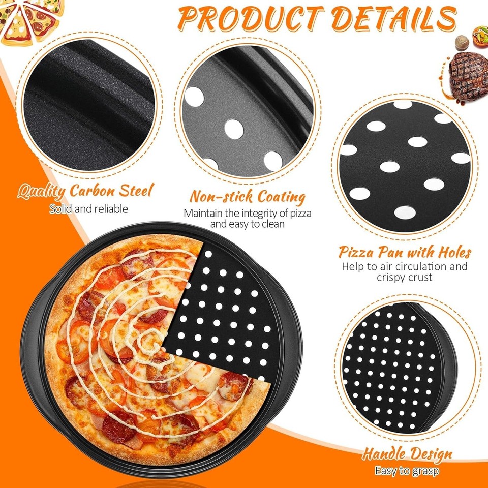 8 Pack Carbon Steel Pizza Pans with Holes and Handle 14 Inch Non Stick ...