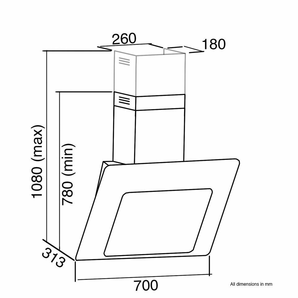 70cm Black Cooker Hood - Angled Extractor Fan with 3 Colour Edge Lit ...
