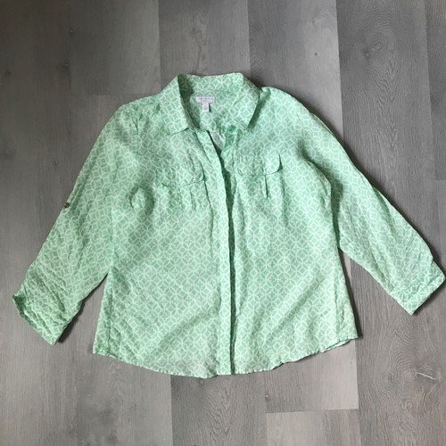 Charter Club 100% Linen Shirt 1X Green Floral Long Roll Tab Sleeves ...