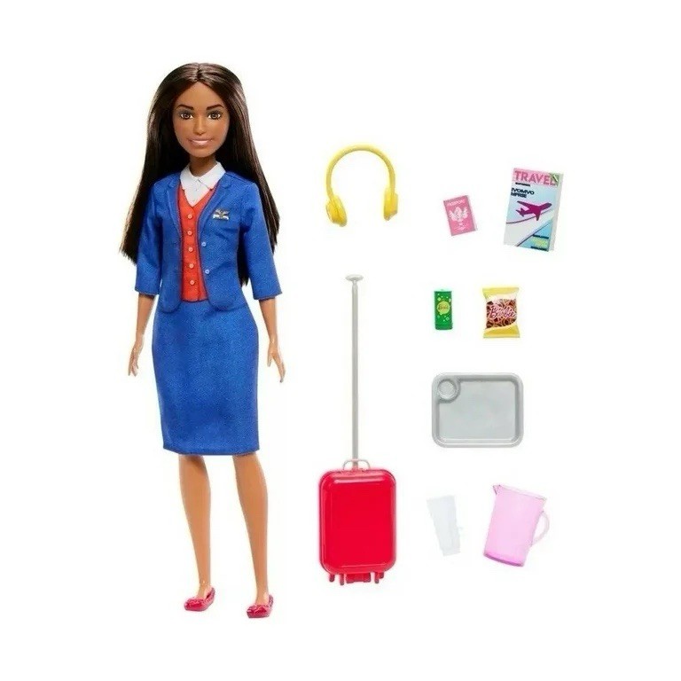 Barbie Flight Attendant Brunette Fashion Doll in Blue Uniform with ...