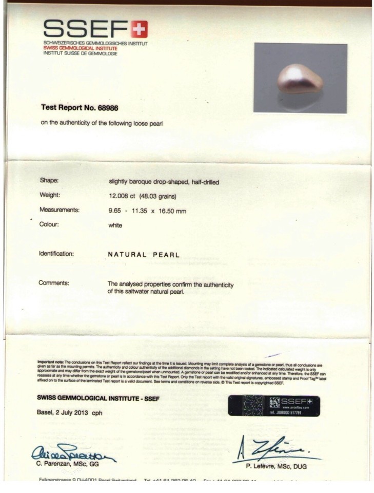 Magnificent Natural Pearl 12.008ct SSEF Certificate | eBay