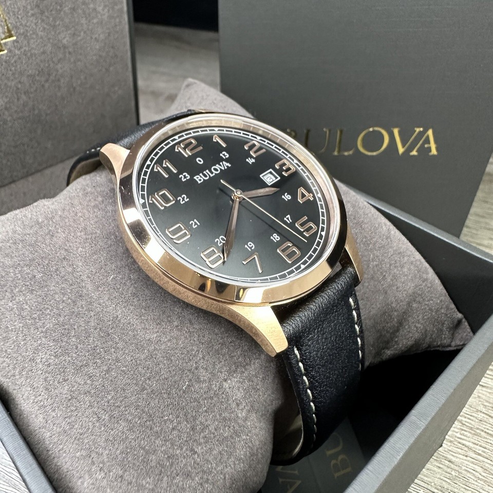 NEW Bulova Classic Rose Gold Black Date Dial Leather Men's Watch 42mm ...