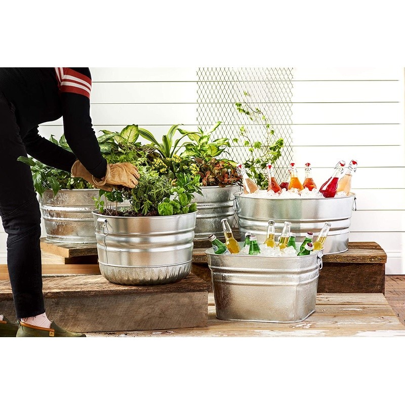 Galvanized Steel Utility Basket Round Storage Tub Planters Decor ...