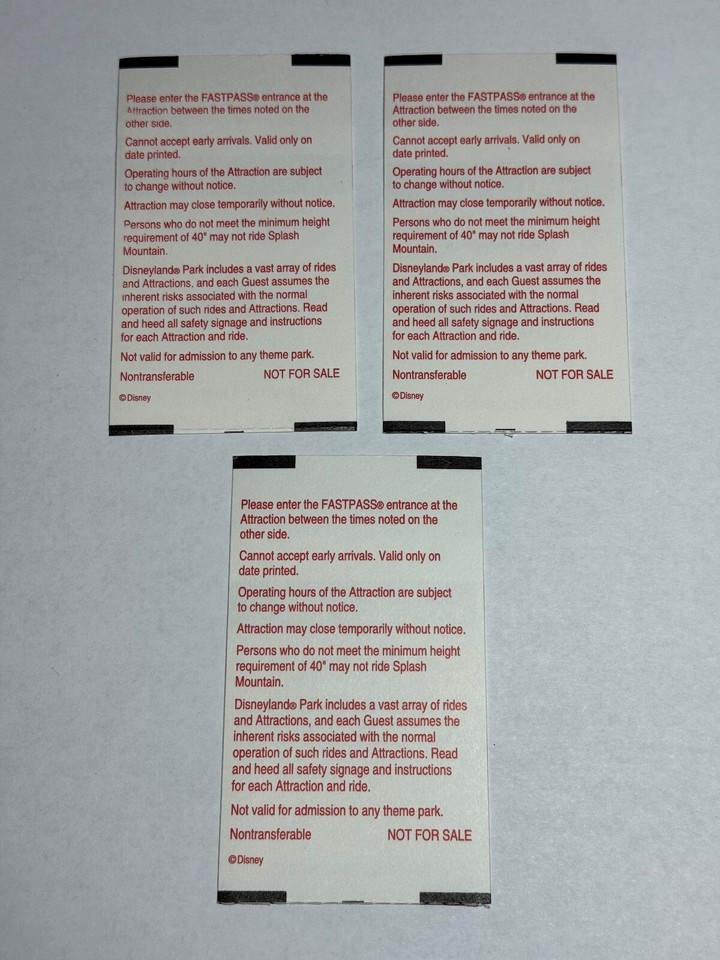 Set of 3 - Disneyland FastPass Tickets - Splash Mountain | eBay