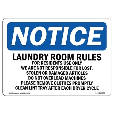 OSHA Notice Sign - Laundry Room Rules for Residents Use Only | Aluminum ...
