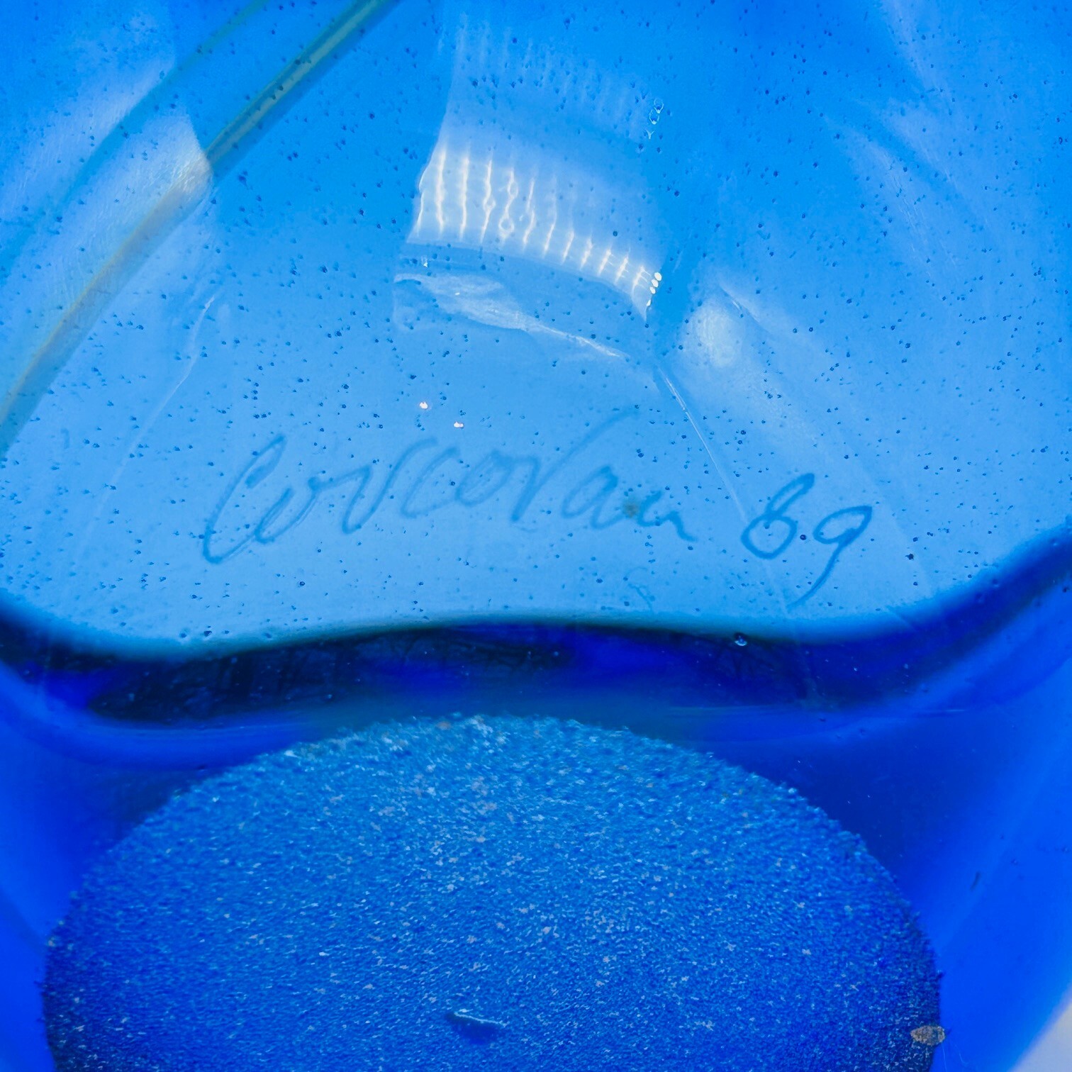 Ann Corcoran Cobalt Blue Art Glass Bowl with Sage Green Pulled Feather ...