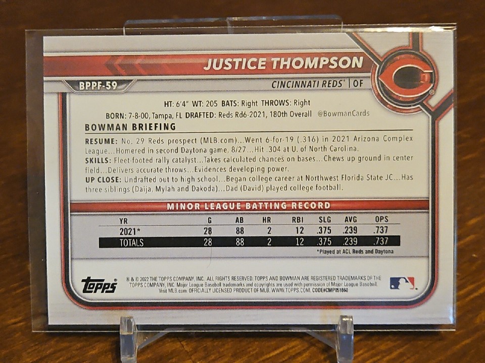 2022 Bowman 1st Edition Justice Thompson 1st #BPPF-59 Cincinnati Reds ...