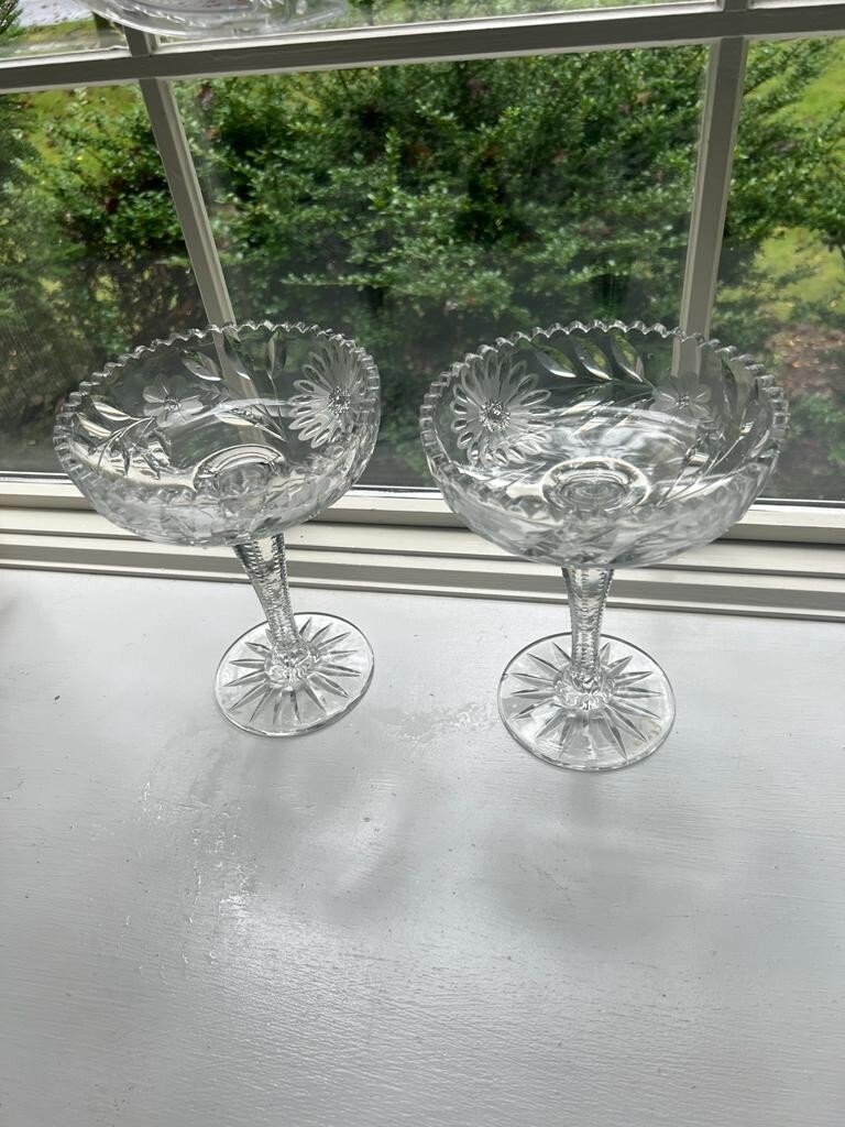 Vintage Crystal Glass Compote Set Floral Patterned Clear Dessert ...
