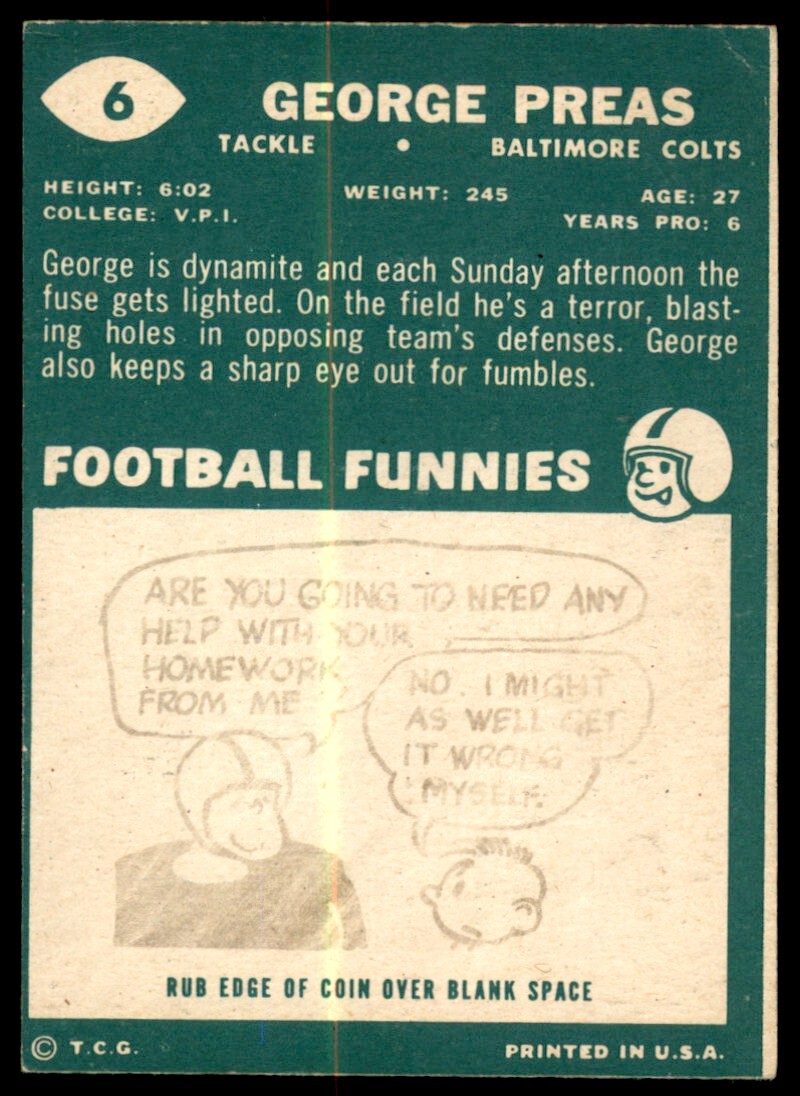 1960 Topps Football George Preas RC Baltimore Colts #6 | eBay