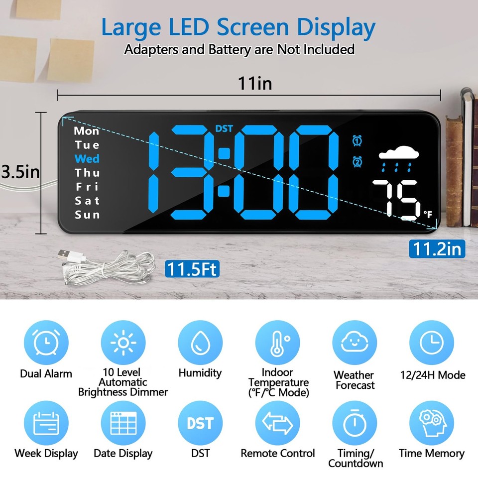 Digital Wall Clock with Remote Control, Large Display Plug in LED ...