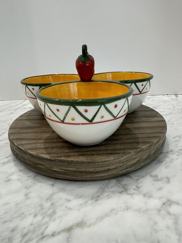 Clay Art Chili Peppers Salsa Dip 3 Part Condiment Server w/ Pepper ...