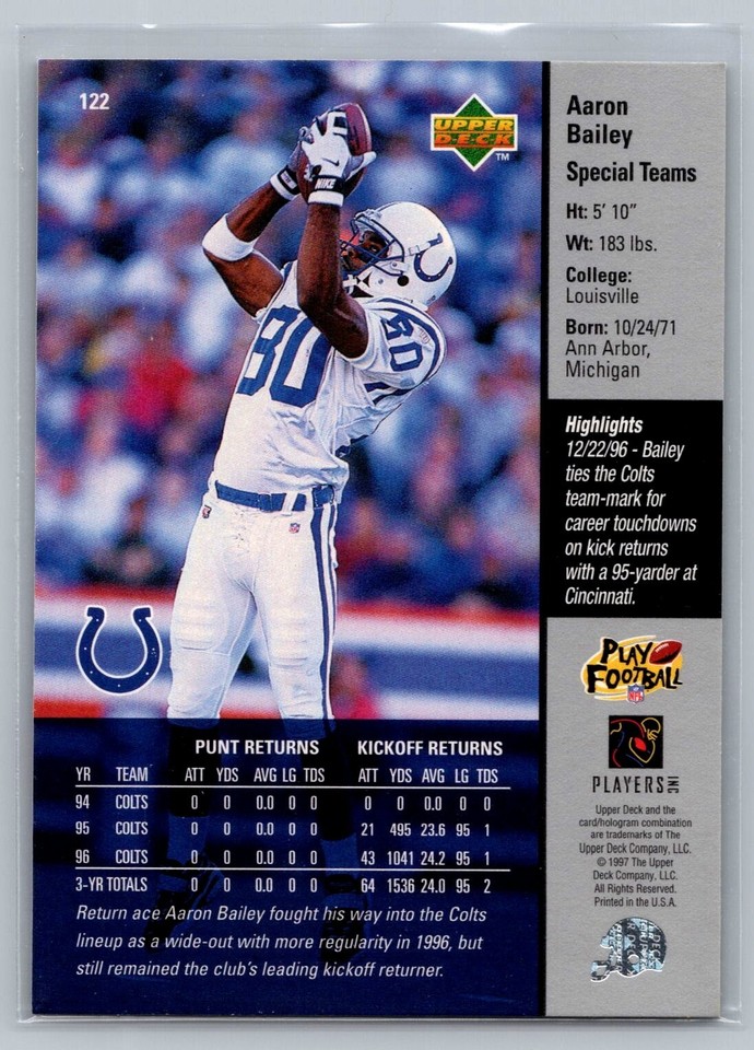 1997 UPPER DECK CARD # 122 Aaron Bailey - Indianapolis Colts | eBay