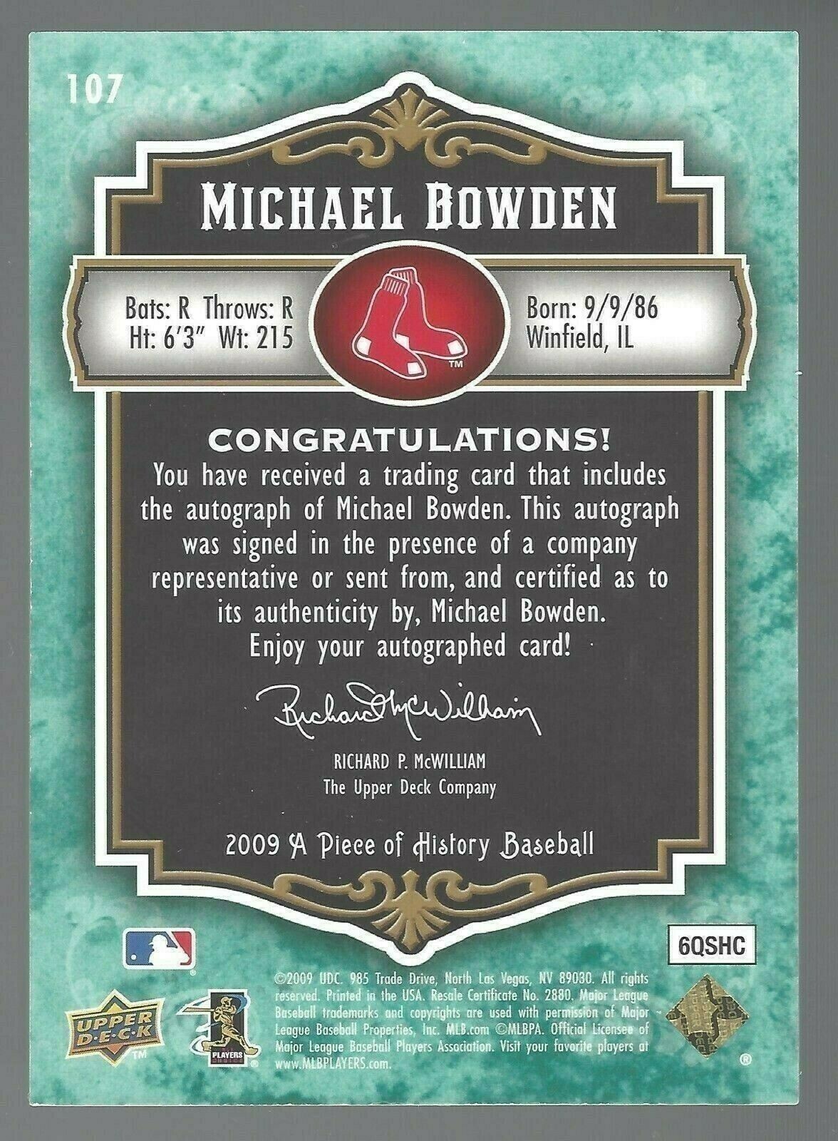2009 Upper Deck A Piece of History - Green #107 Michael Bowden /150 for ...