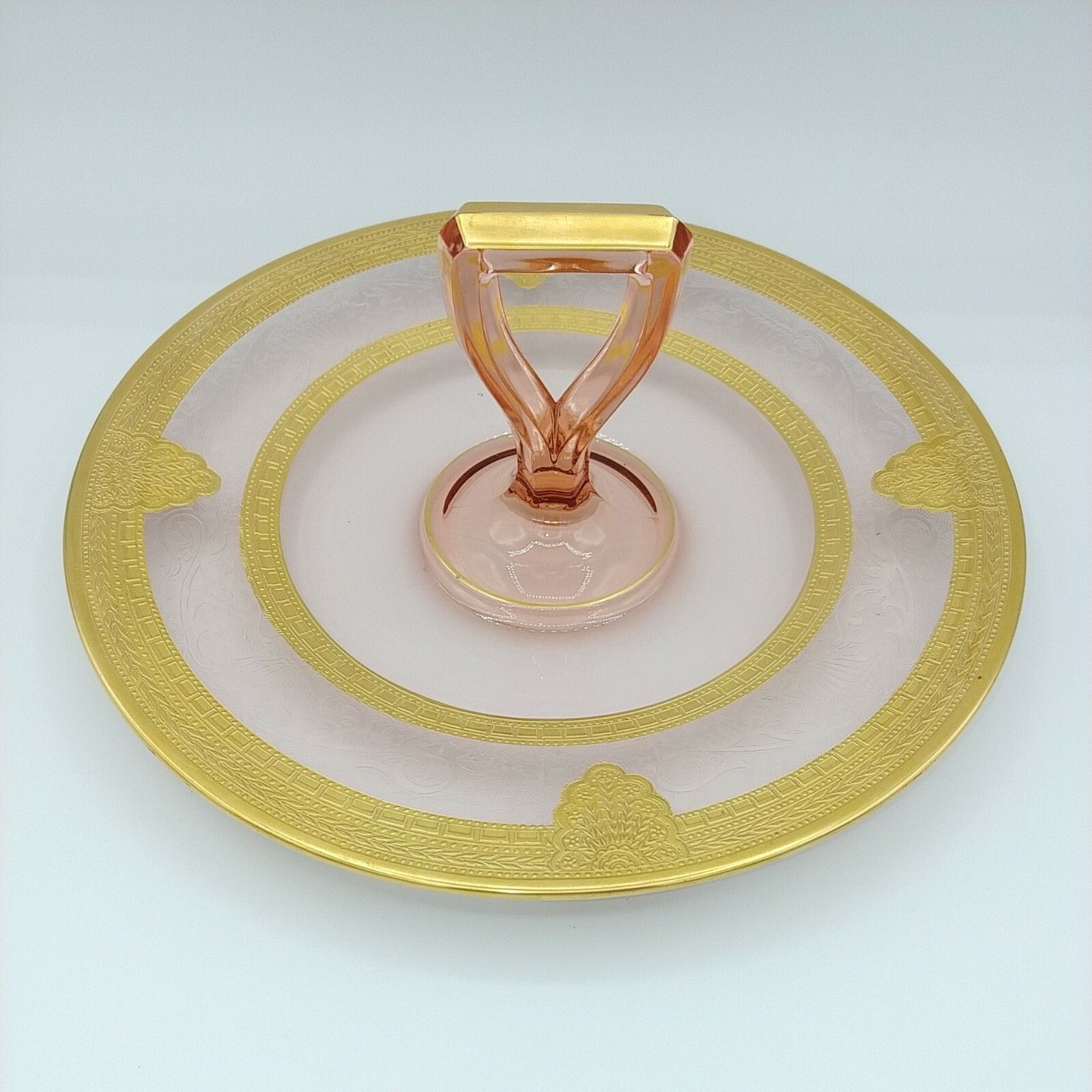 Vintage Embossed Pink Glass w Gold Rings Handled Serving Tray 10 1/2 ...